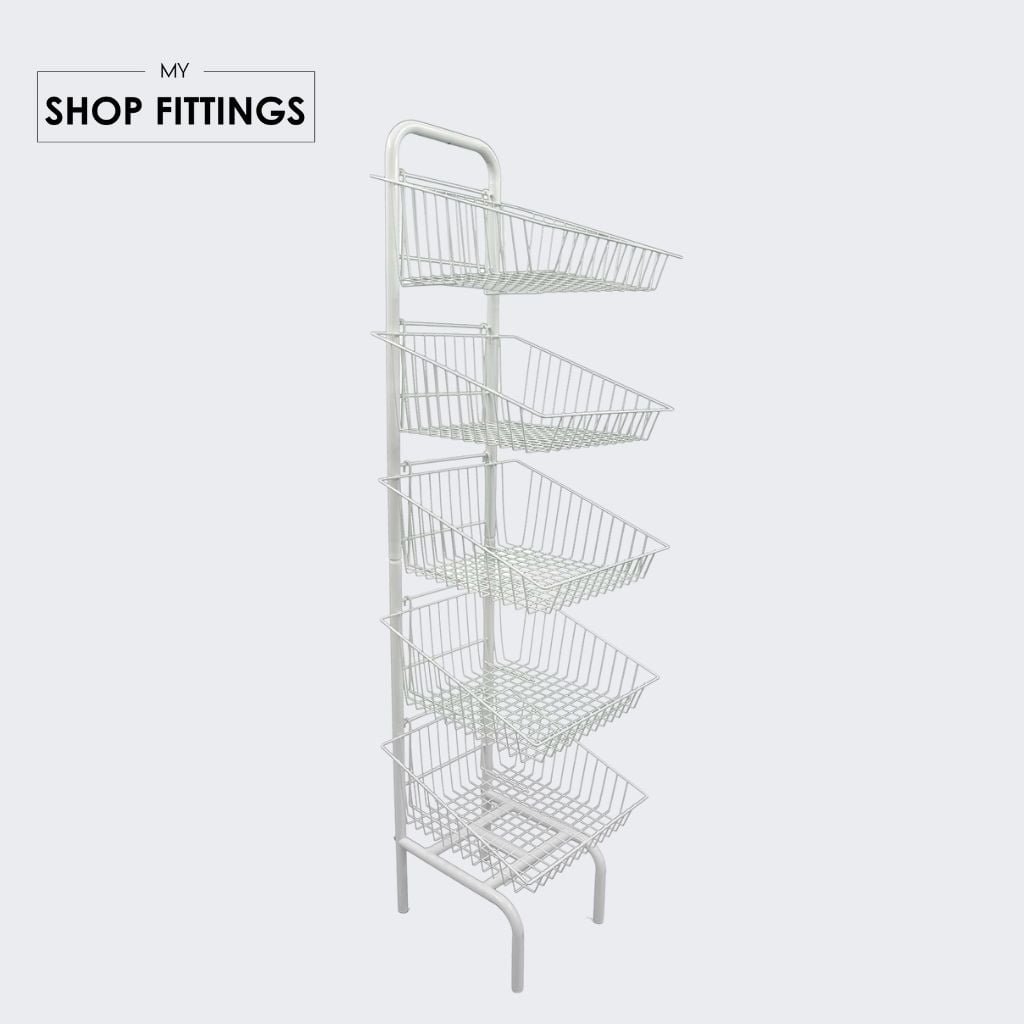 5 Tier Basket Stand – White for Bread, Crisps, Snacks - My ShopFittings